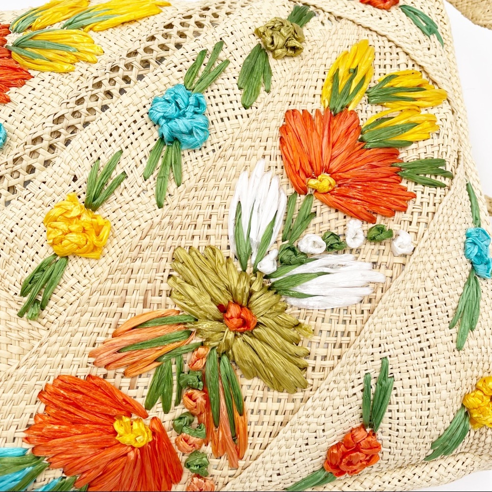 Vintage Jamaica Raffia Floral Embroidery Straw Bag - Gem
